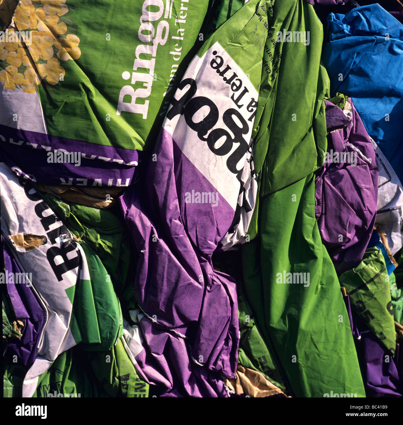 Colorful and textured collection of bales made from recycled materials ...