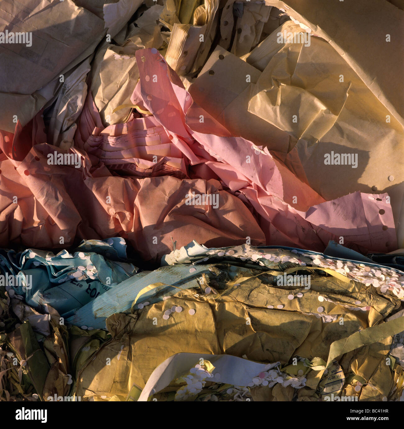 Colorful and textured collection of bales made from recycled materials ...