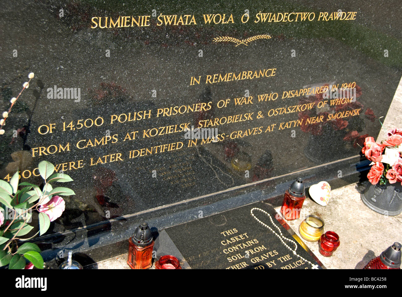detail of the katyn memorial, marking the 1940 massacre of polish ...