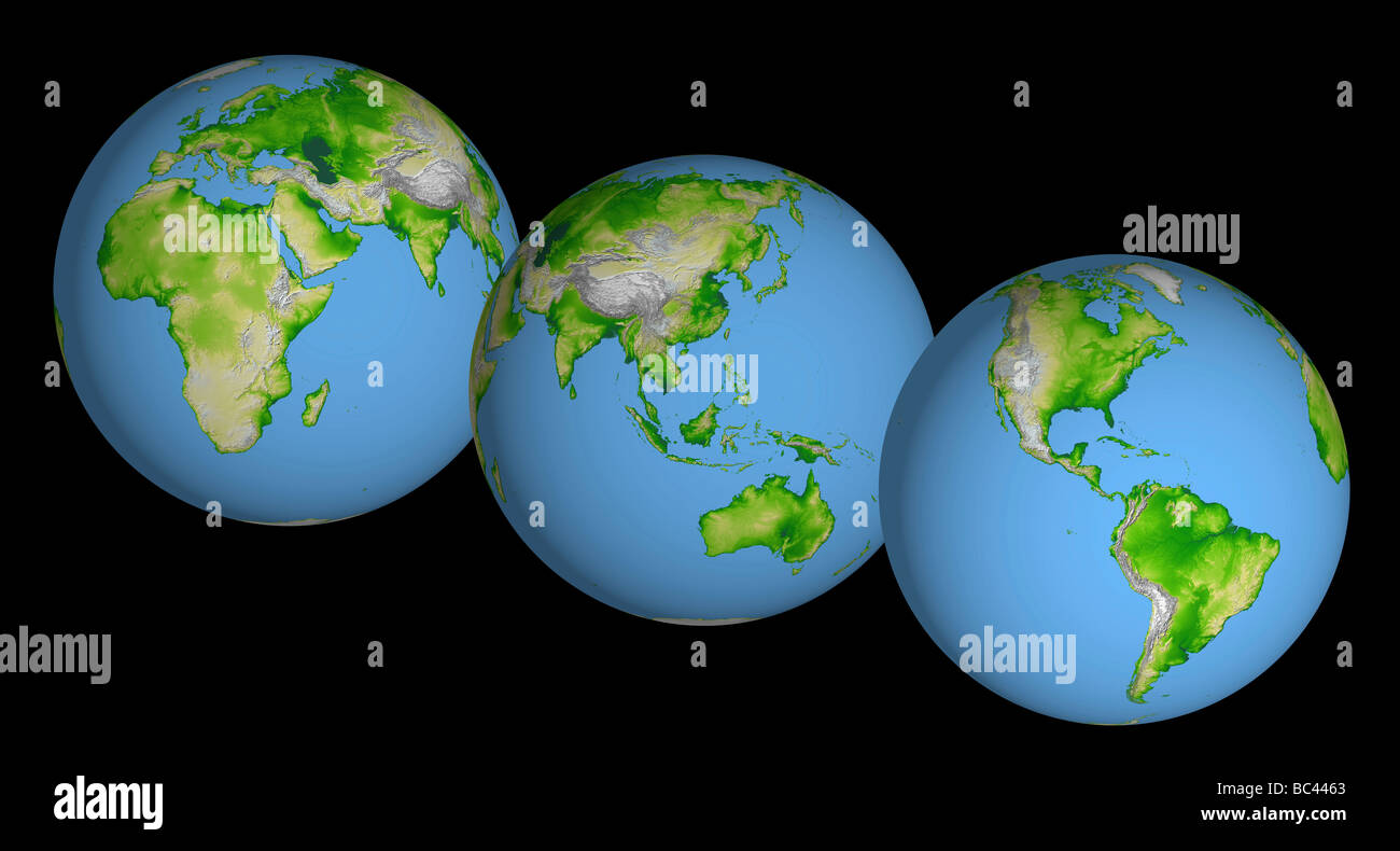 three computer generated and enhanced globes of the earth Stock Photo ...