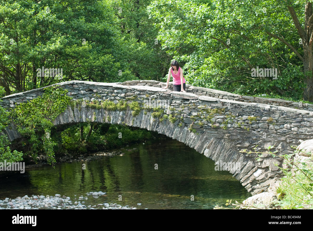 Women on traditional stone bridge in the Lake District Stock Photo - Alamy