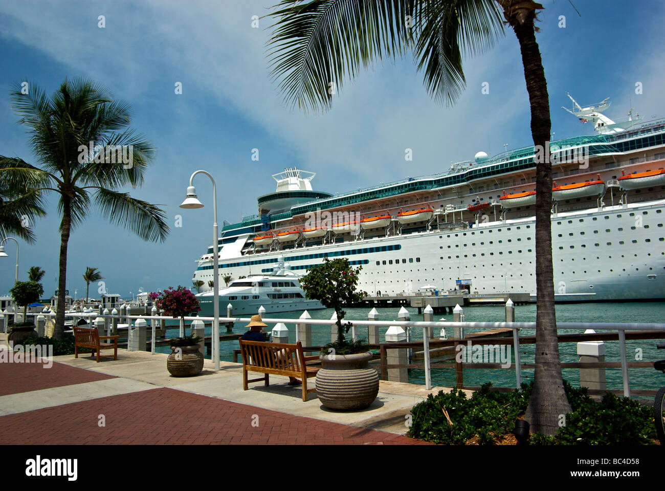 Beautiful palm tree lined reb brick paved walkway park along Key West ...