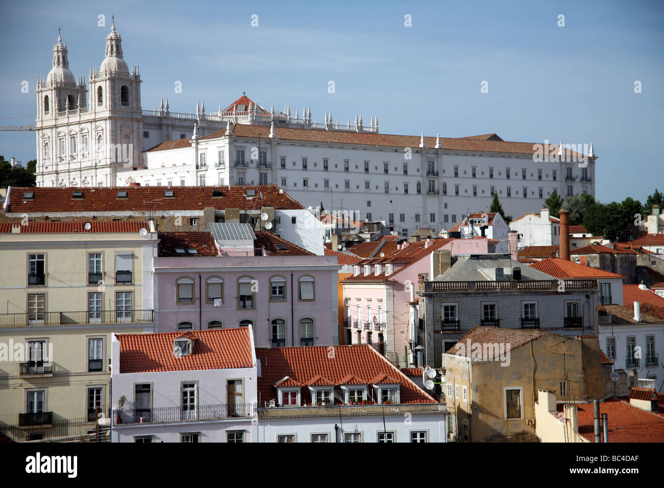 Low aerial view from the Hill of Alfama neighbourhood in Lisbon Stock ...