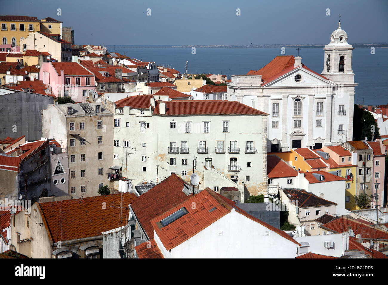 Low aerial view from the Hill of Alfama neighbourhood in Lisbon Stock ...
