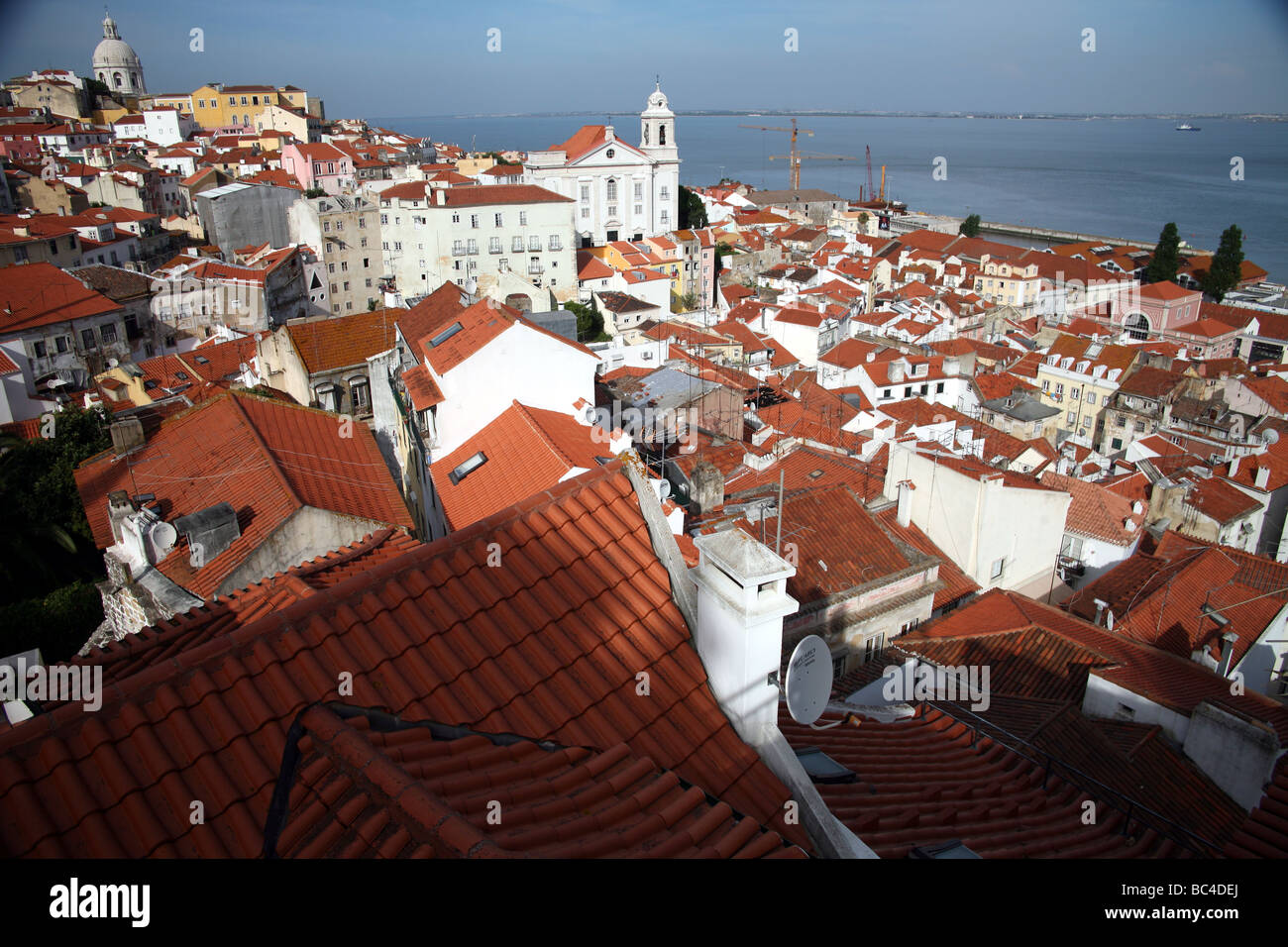 Low aerial view from the Hill of Alfama neighbourhood in Lisbon Stock ...