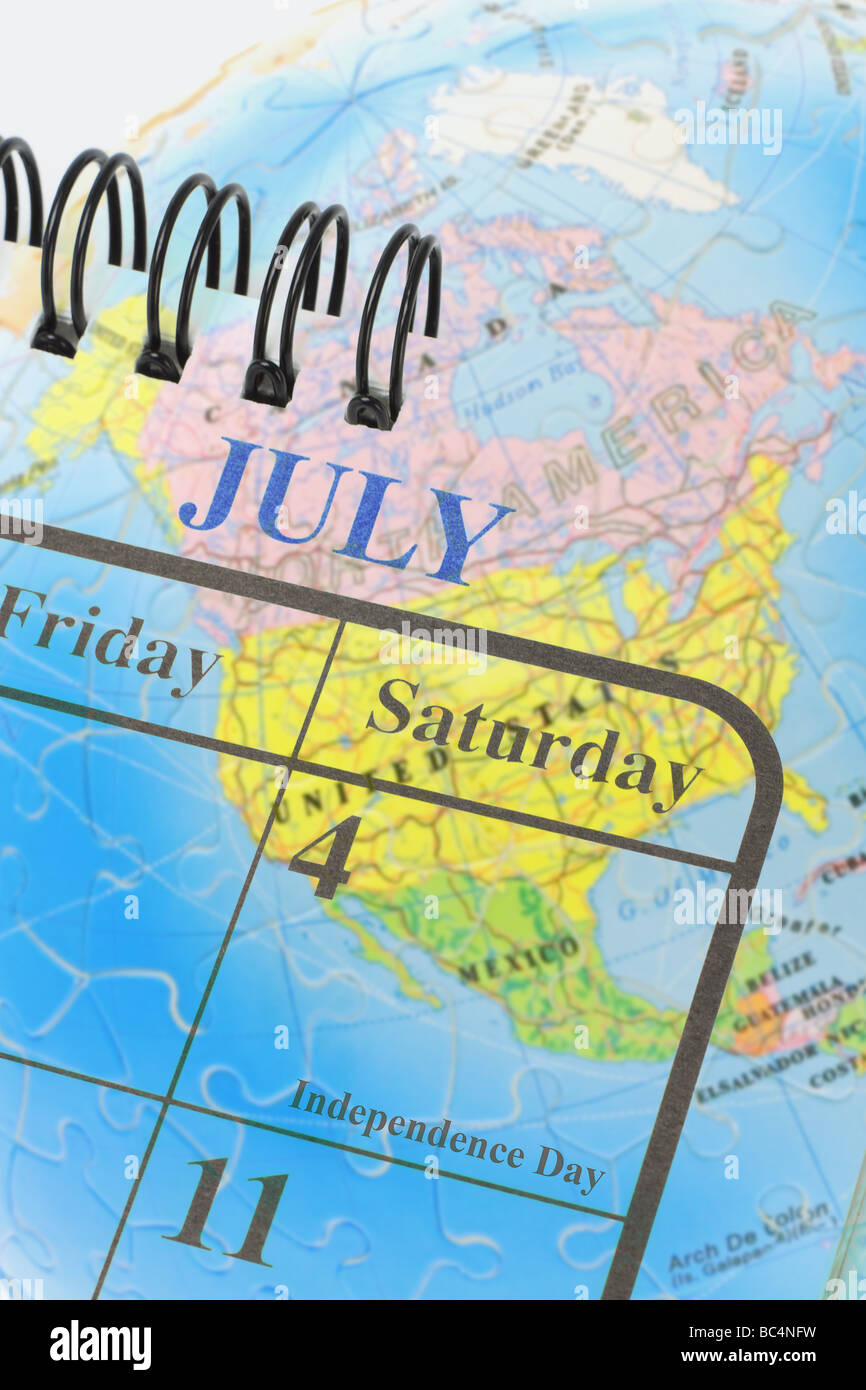 Calendar page showing 4th of July American Independence day on globe ...