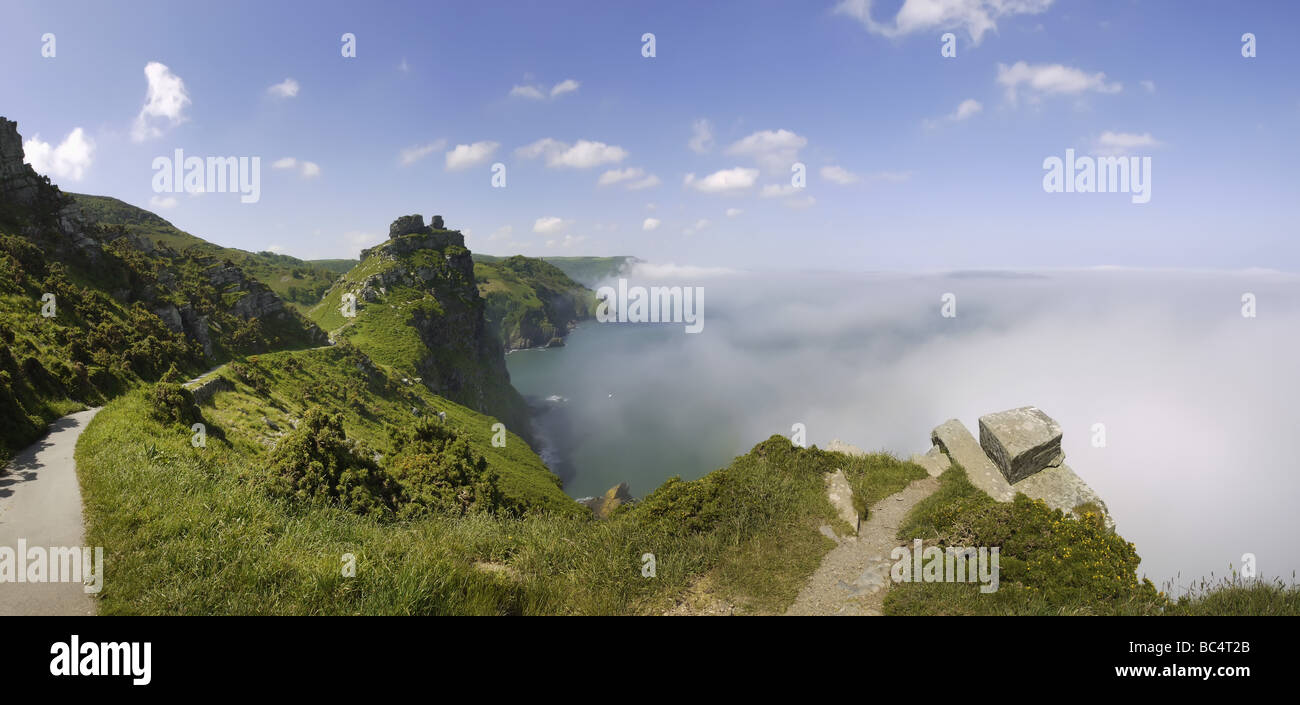 the coast of the valley of the rocks lynton devon with sea fog against ...