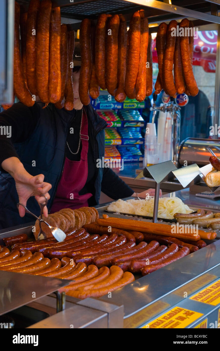 Sausage stand at Vaclavske namesti square in New Town district of ...