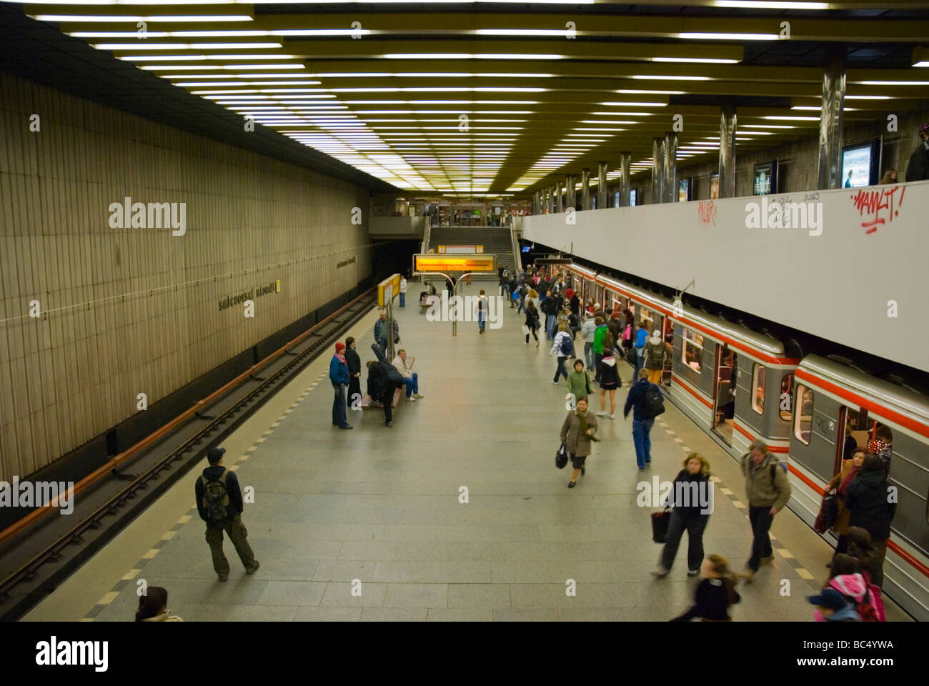 Underground train arriving at Smichovske Nadrazi metro station in ...