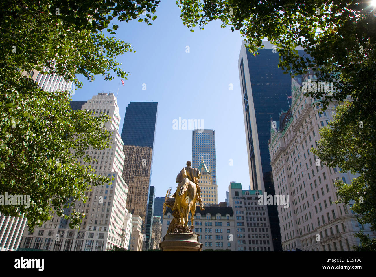 equestrian gold colored statue at Central Park New York Stock Photo - Alamy
