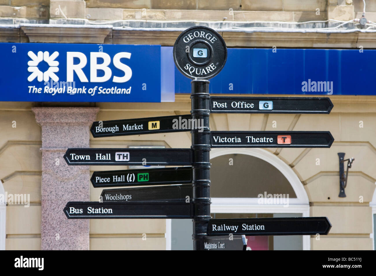 Signs in Halifax large market town centre Metropolitan Borough of ...