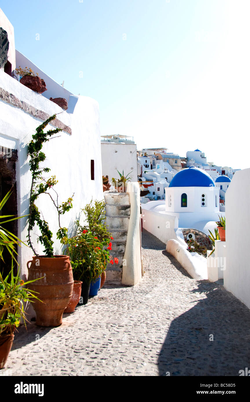 santorini greece greek island street scene church blue dome dome thira ...