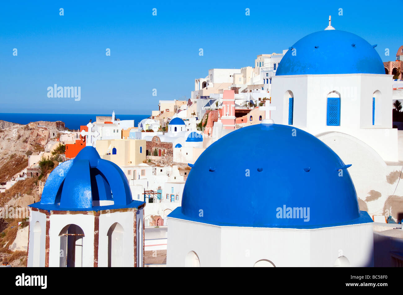 santorini greece greek island street scene church blue dome dome thira ...