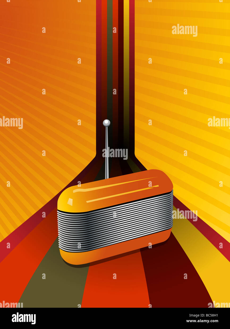 orange and silver retro radio on a striped orange background Stock ...
