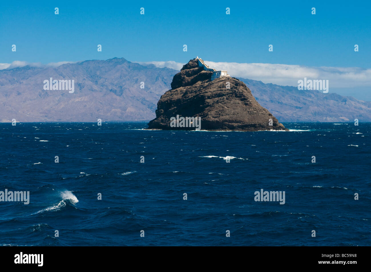 Small lighthouse on island in sea San Vincente Mindelo Cabo Verde ...
