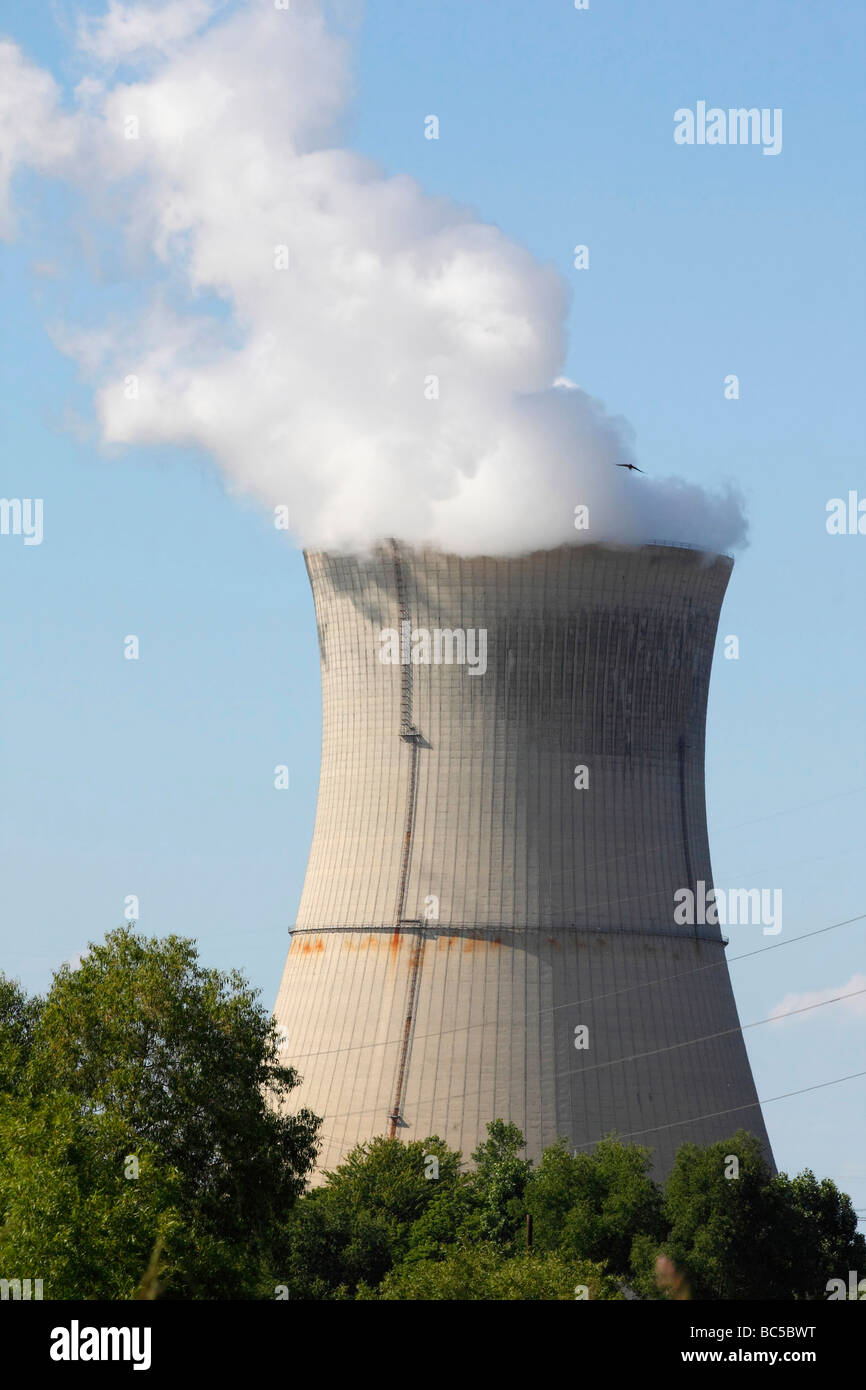 Chimney of a nuclear power plant in the green nature against blue sky ...