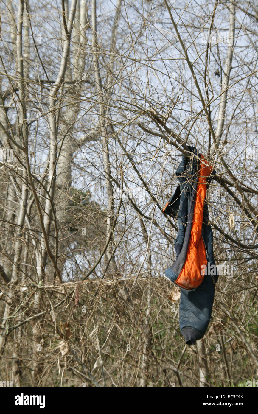 one jacket stuck in tree branches in countryside after river flood ...