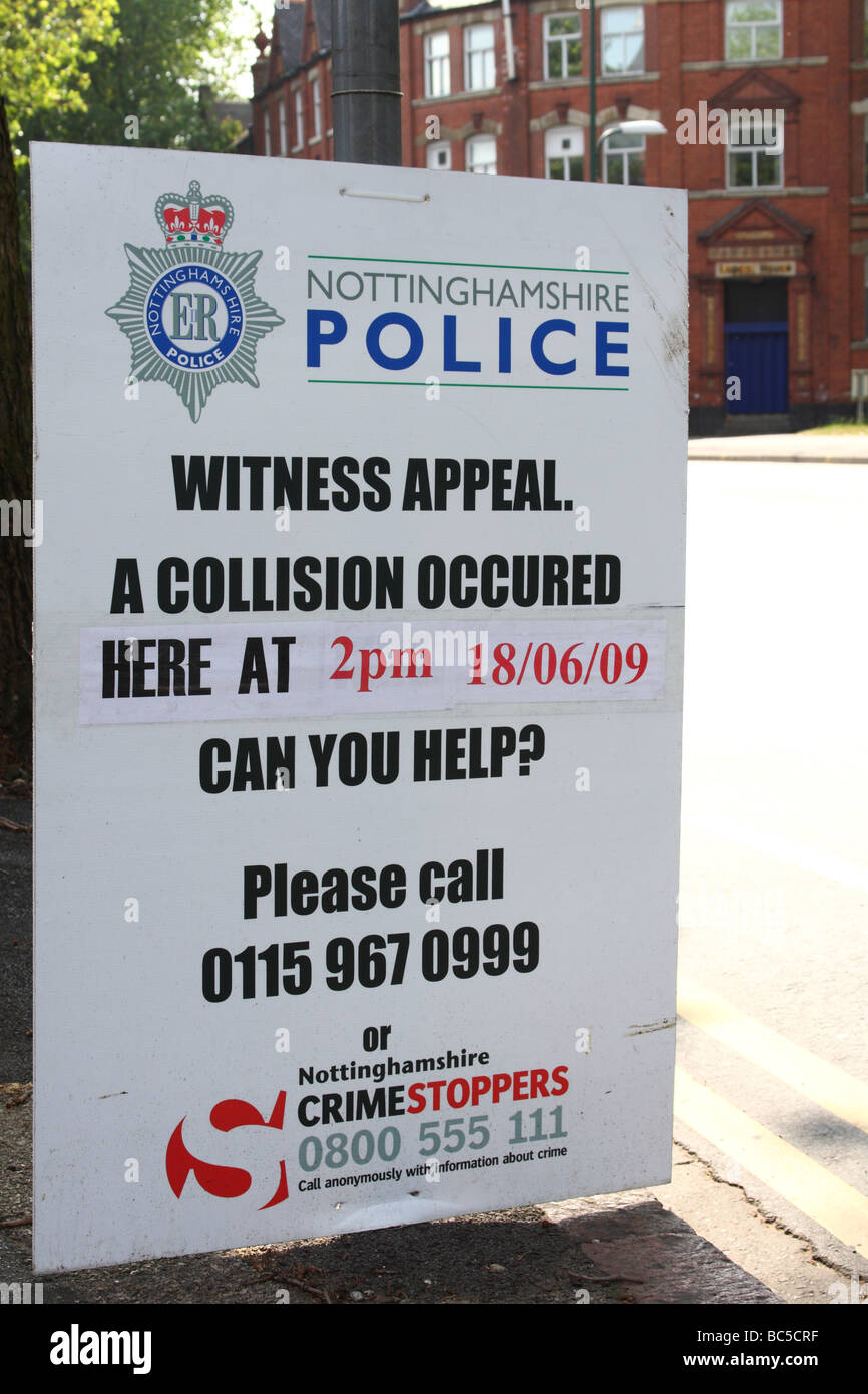 A Nottinghamshire Police roadside Witness Appeal sign at the scene of a ...