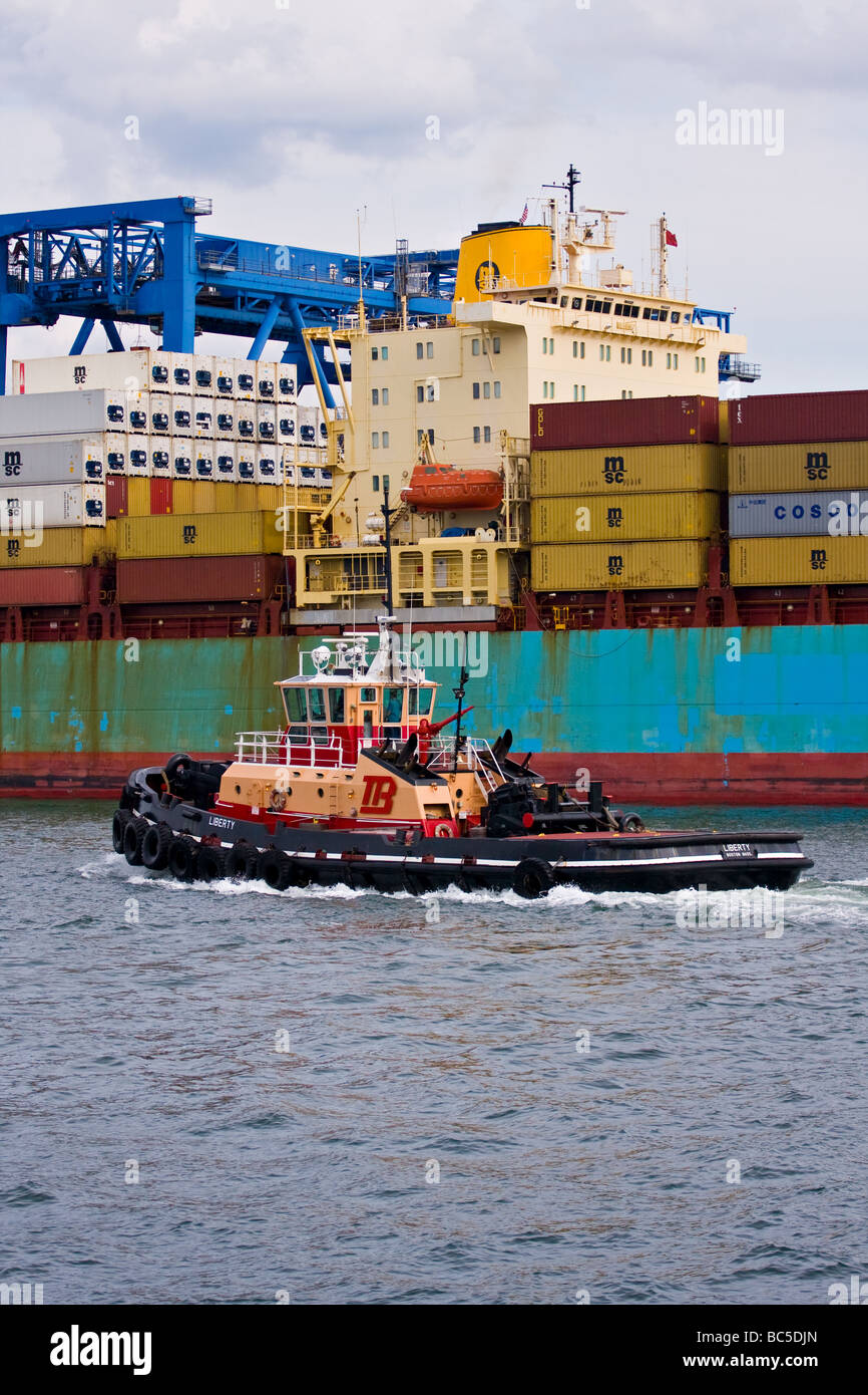 Tugboat in harbor with a large container ship in background Stock Photo ...