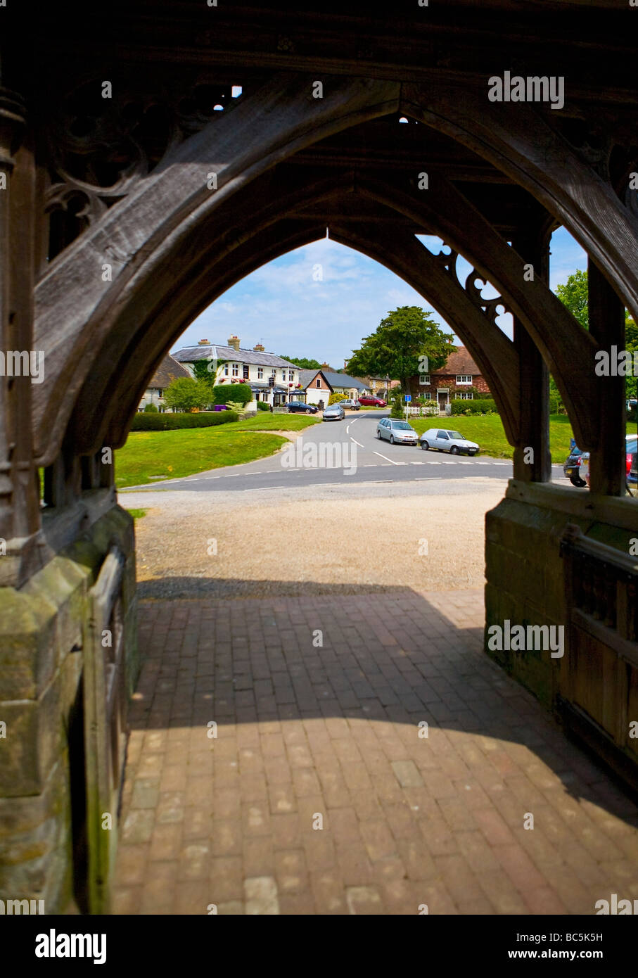 Slaugham village viewed through St Mary's church lychgate. West Sussex ...