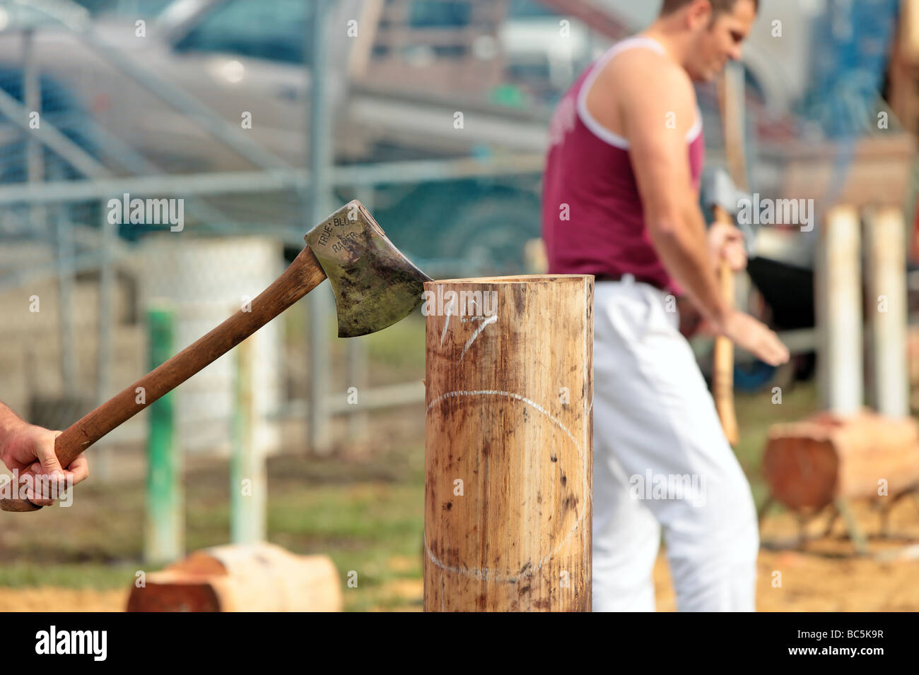 wood chopping competition with axemen in standing and upright ...
