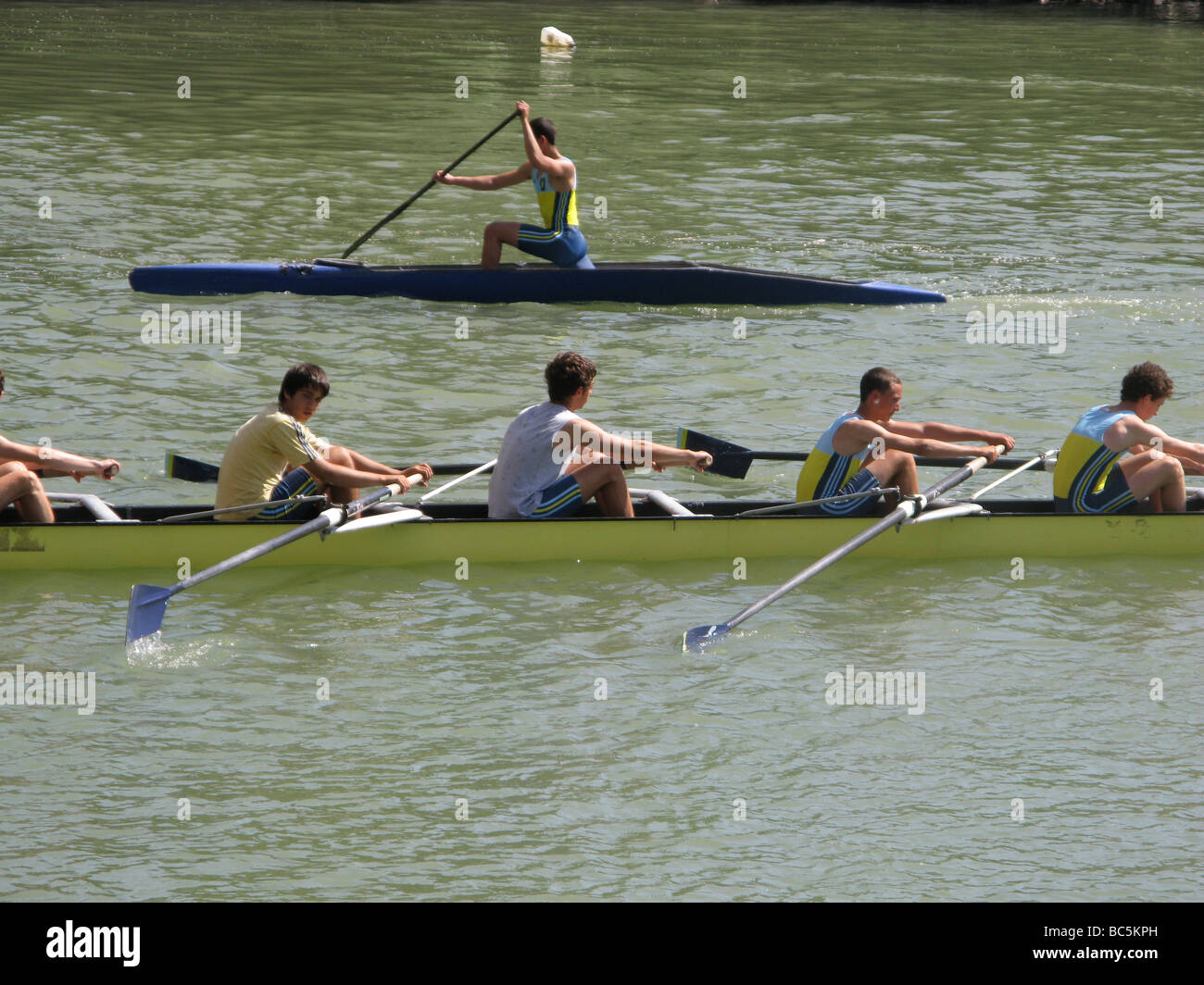 young rowing club members in action on the river tiber in rome Stock ...