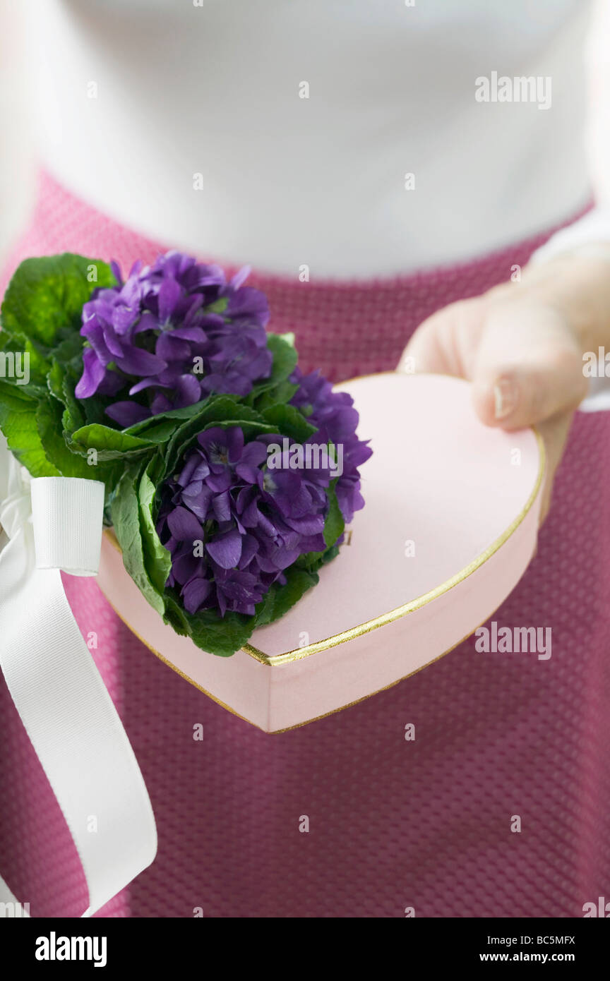 Bunch of violets with heart-shaped gift box Stock Photo - Alamy