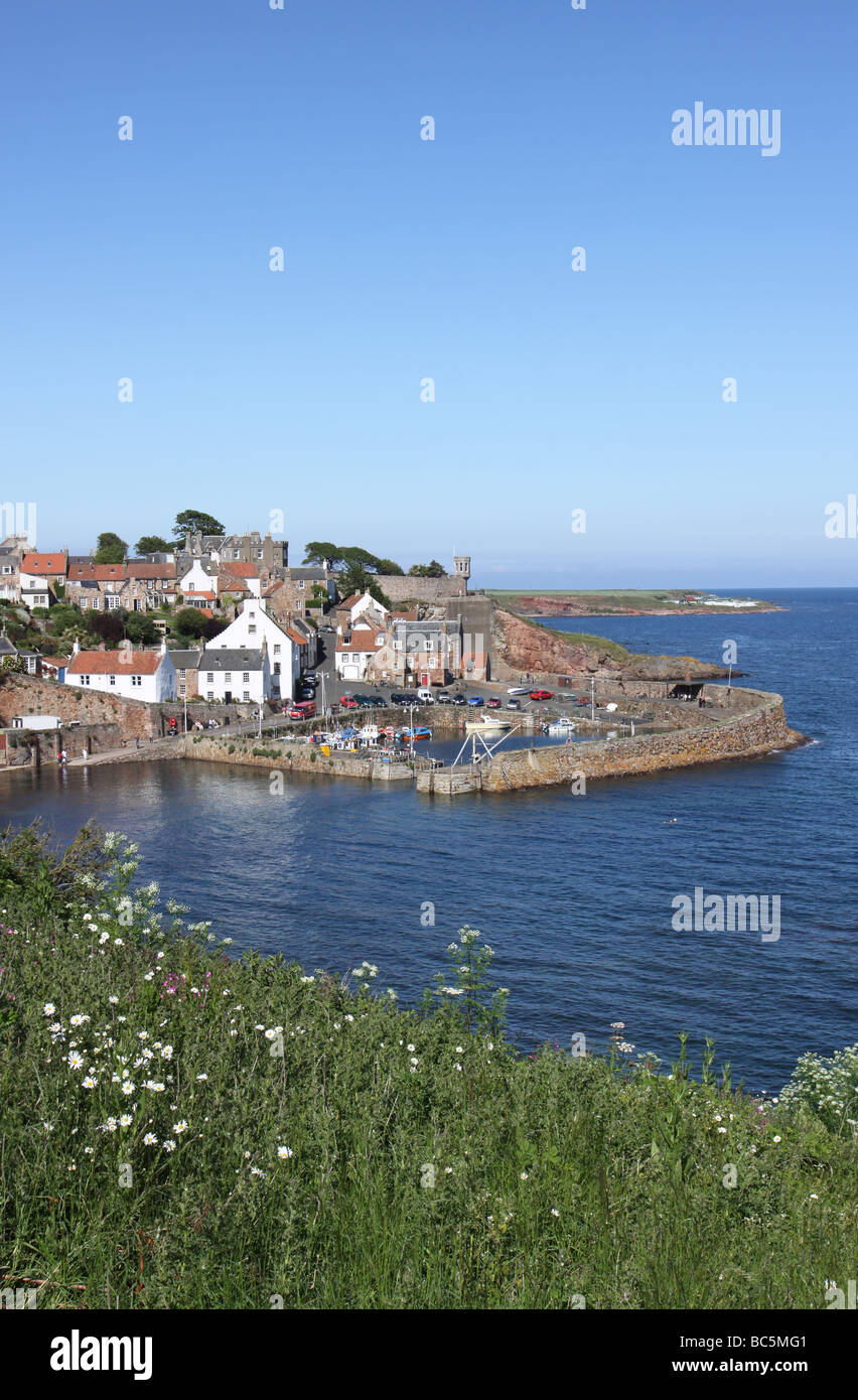 elevated view of Crail village and harbour at high tide Fife Scotland ...