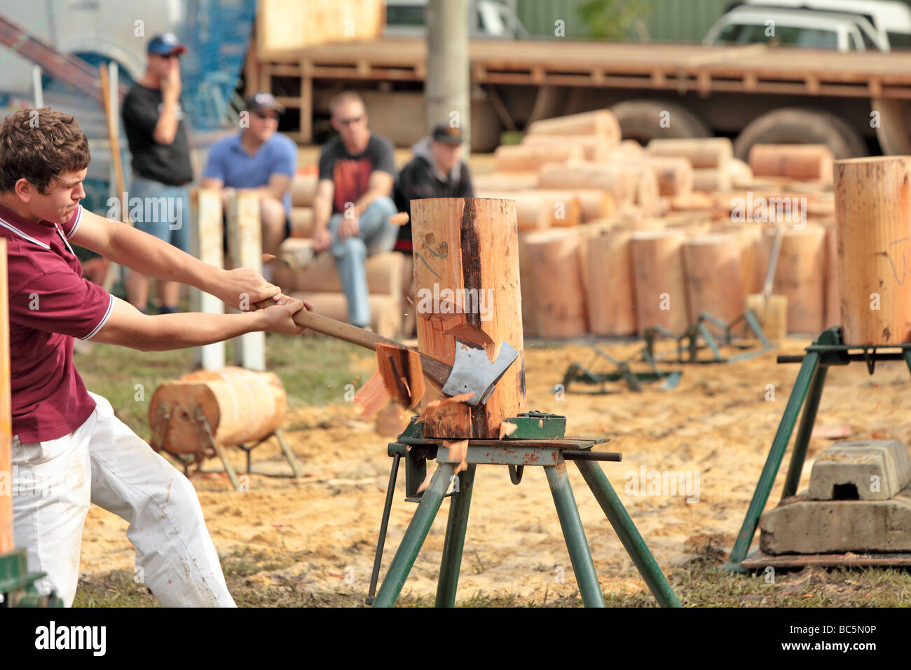 wood chopping competition with axemen in standing and upright ...