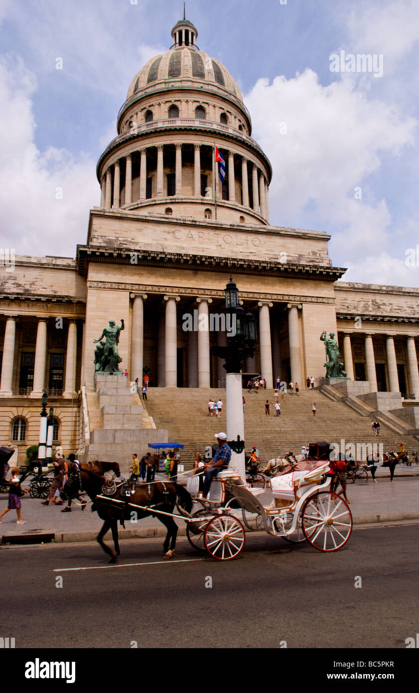Horse drawn carriage taxi in front of Capitol building in Havana Cuba ...