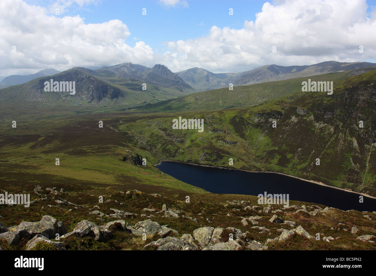 A view to Llyn Cowlyd, with the mountains of Y Glyderau, Tryfan, Y Garn ...