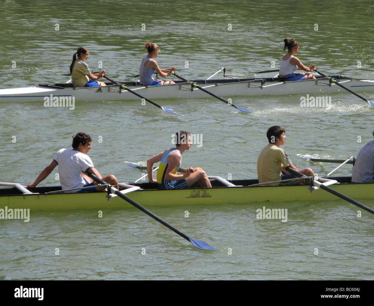 young rowing club members in action on the river tiber in rome Stock ...