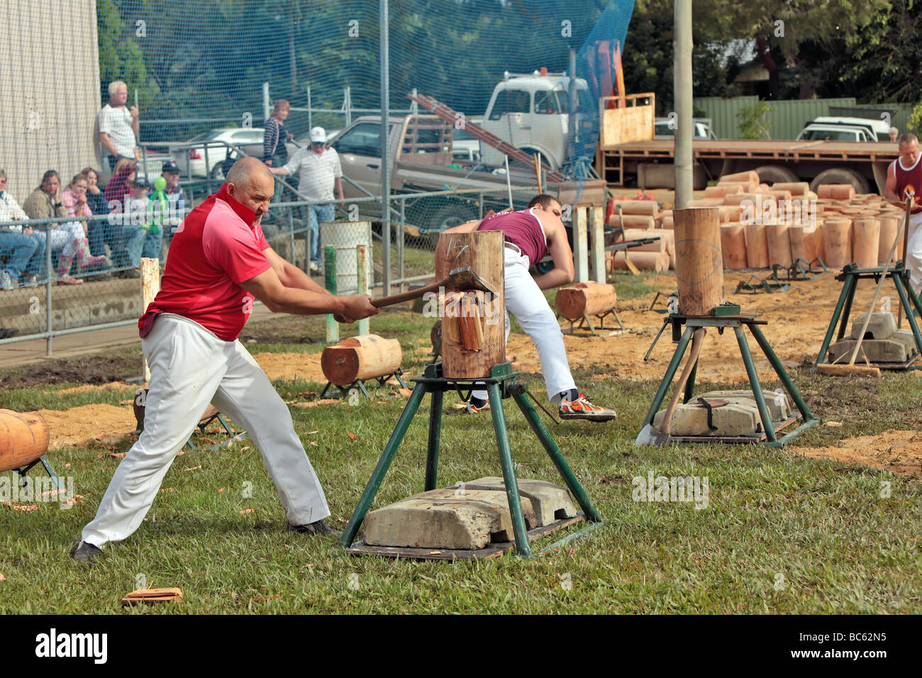 wood chopping competition with axemen in standing and upright ...