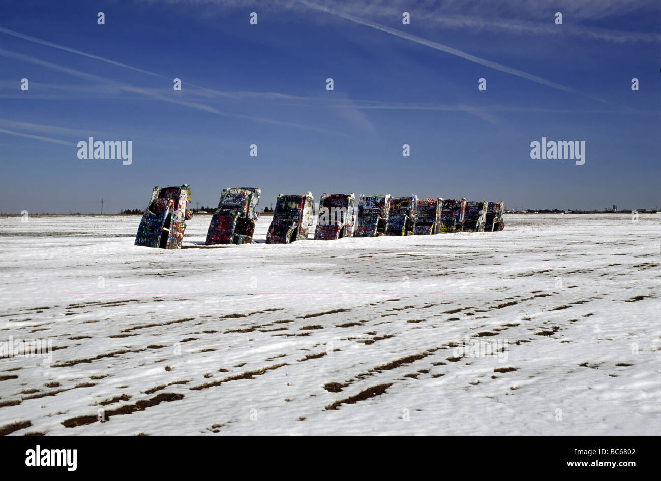 The Cadillac Ranch installation in winter at Route 66 near Amarillo ...