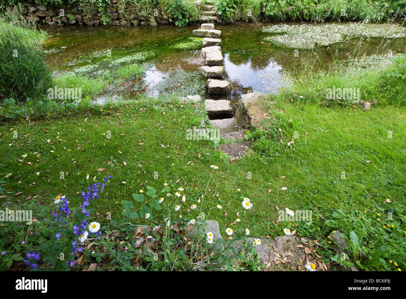 Row of stepping stones crossing shallow stream onto stone steps and ...