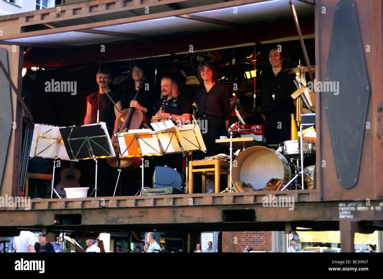 Musical Group performing from a shipping container Munich Germany Stock ...