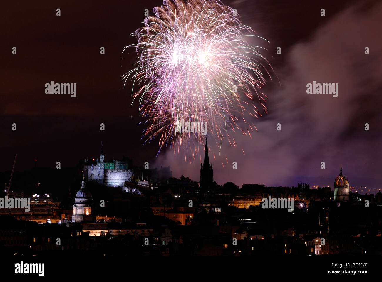 Fireworks display over Edinburgh Castle from Salisbury Crags, Scotland ...