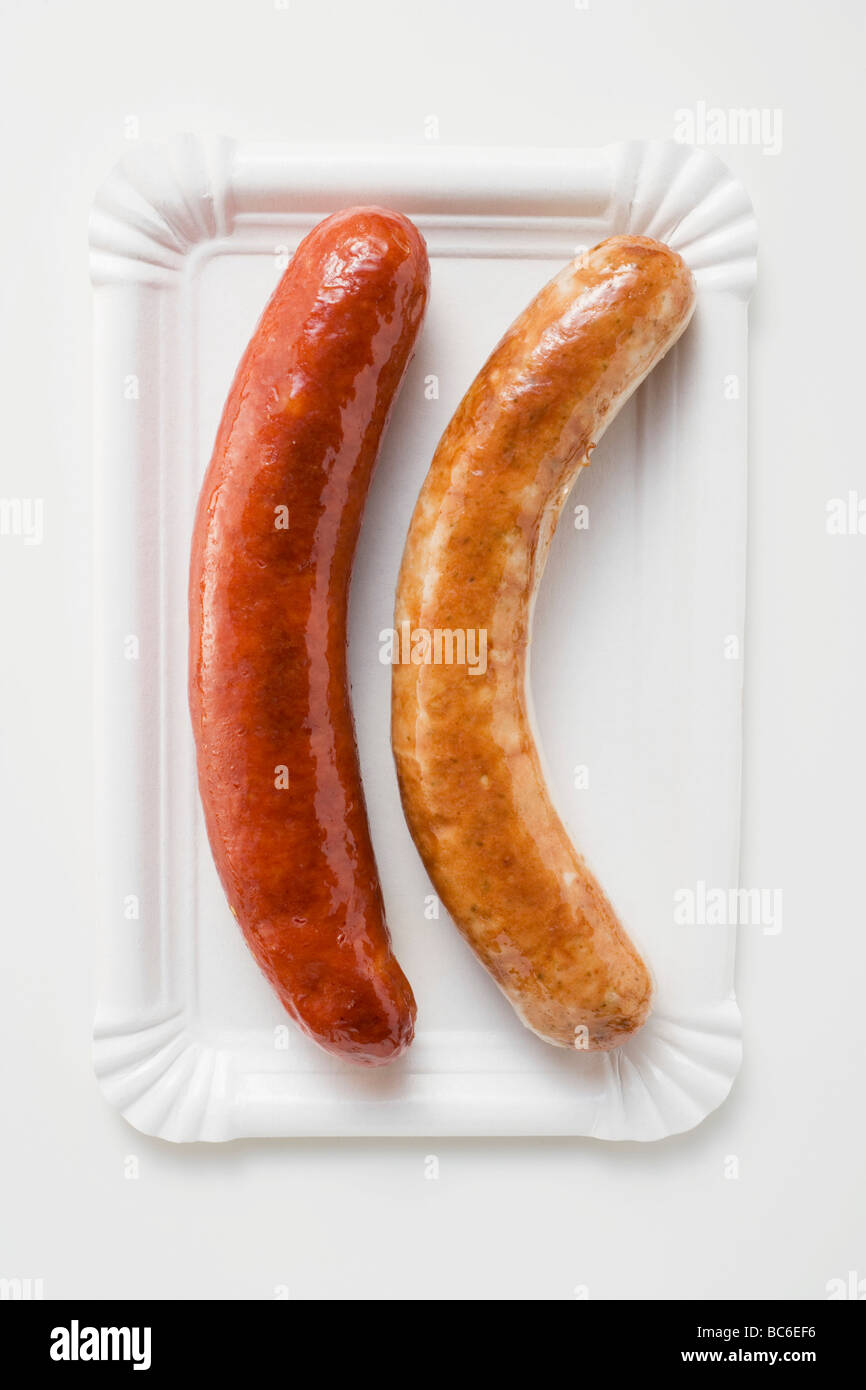 Two sausages (bratwursts) on paper plate Stock Photo - Alamy
