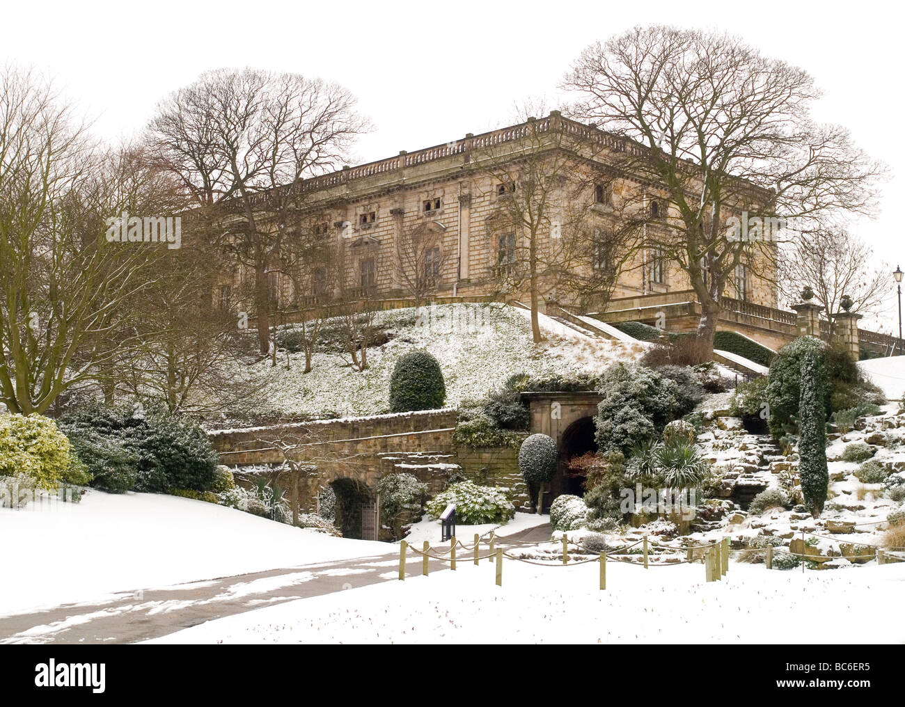 Nottingham Castle and the snow covered grounds, Nottinghamshire England ...