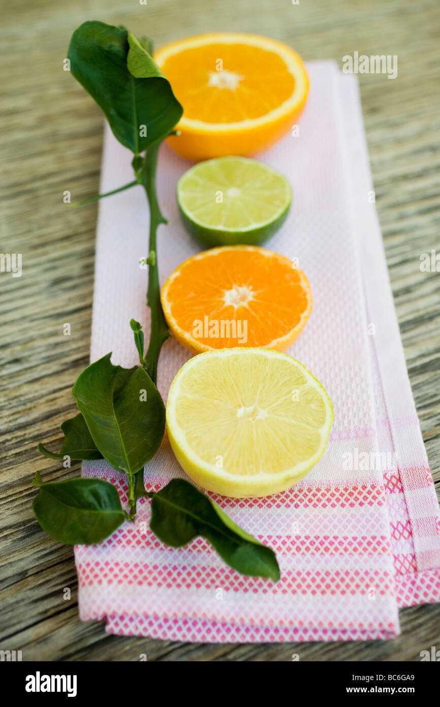 Assorted citrus fruit, halved, with leaves Stock Photo - Alamy