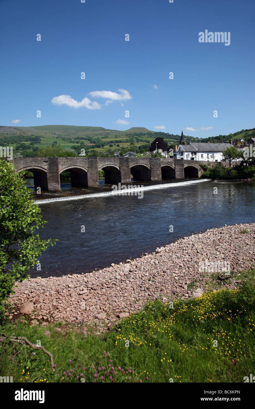 Stone bridge crossing the River Usk in the popular town of Crickhowell ...