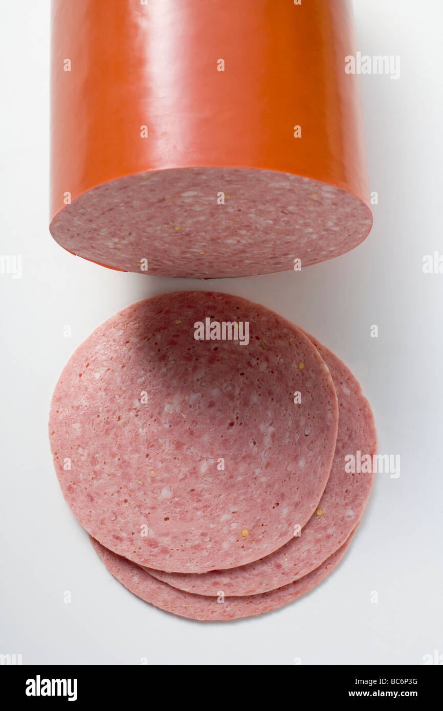 Bierwurst (beer sausage) with slices cut Stock Photo - Alamy