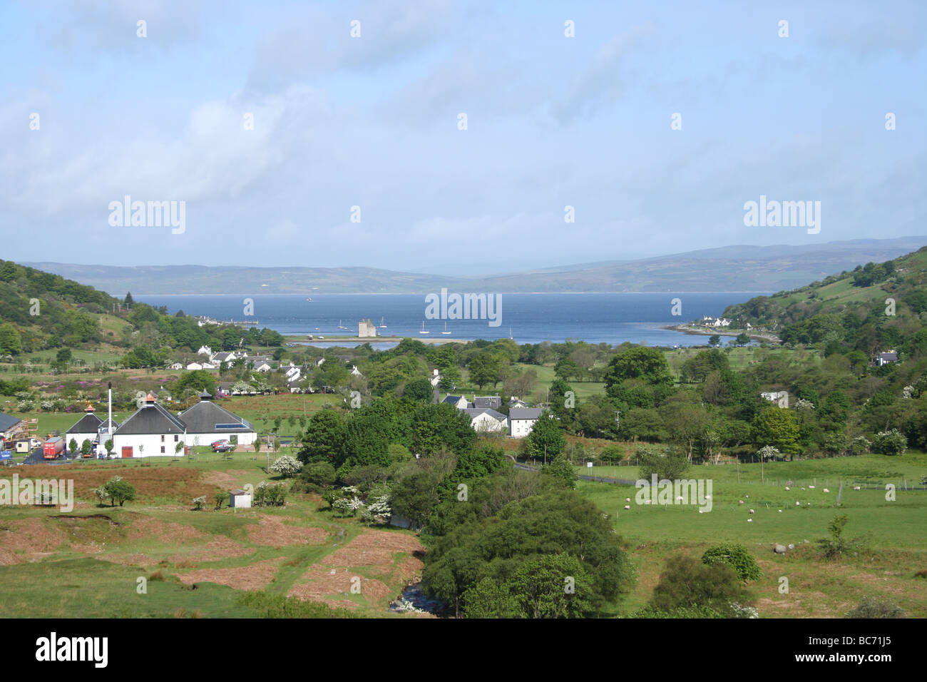 Elevated view of village of Lochranza with Arran distillery Isle of ...
