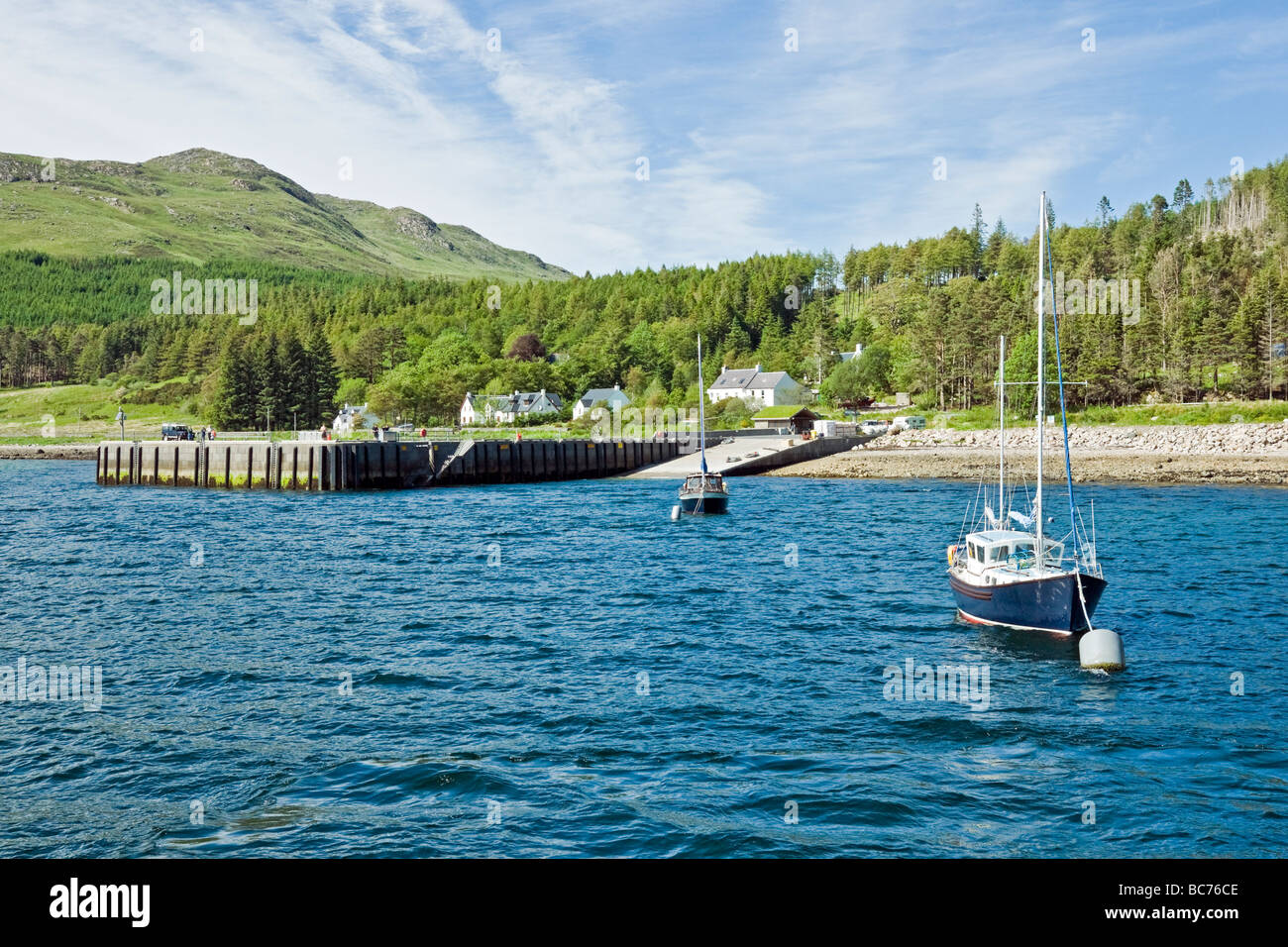 The village of Inverie pier in Inverie Bay Loch Nevis on Knoydart the ...