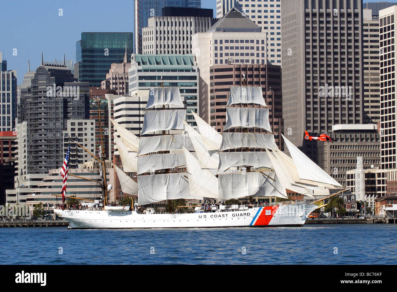 The USCG Training Barque "Eagle" sails in front of the San Francisco ...