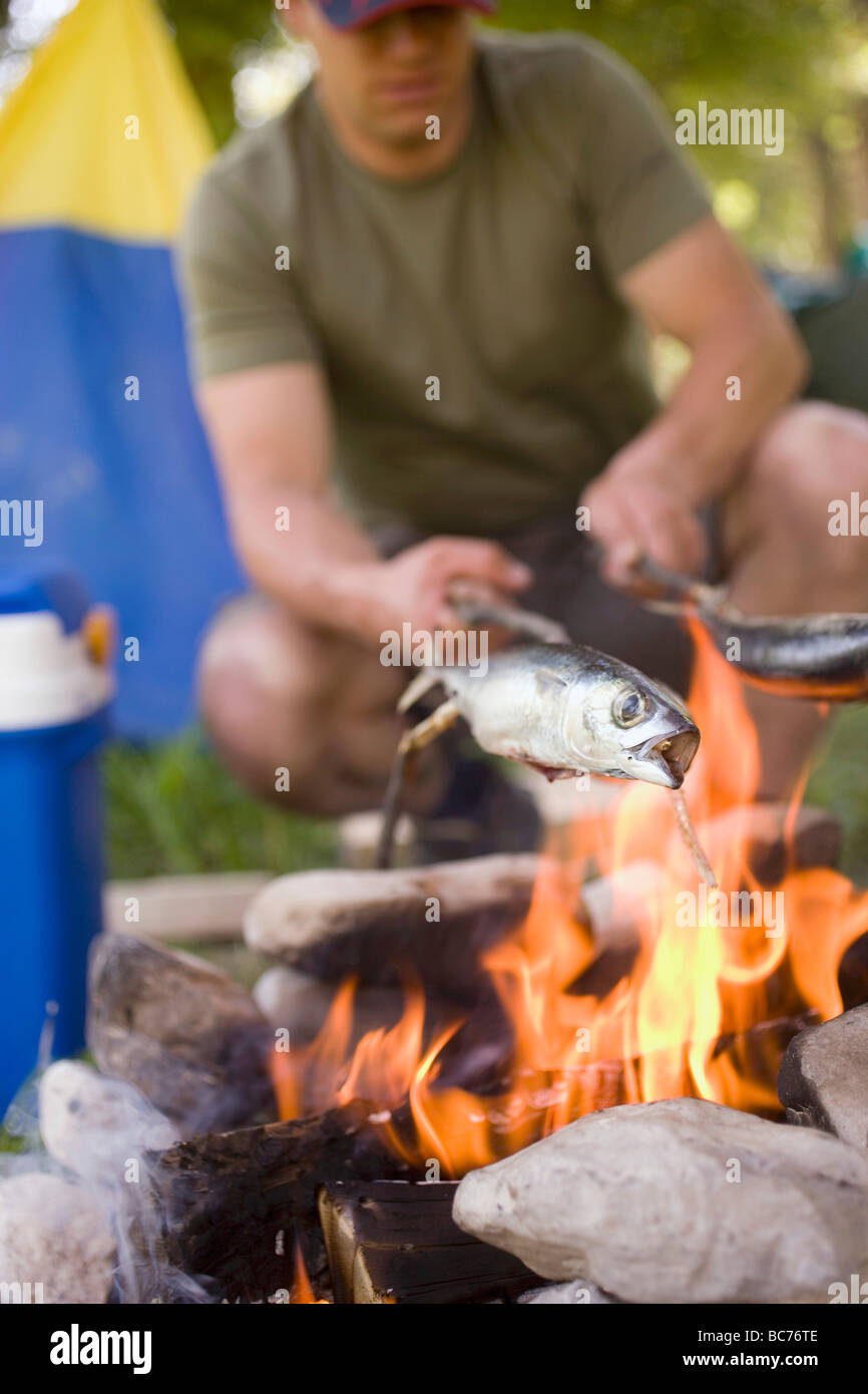 Grilling fish over camp fire hi-res stock photography and images - Alamy