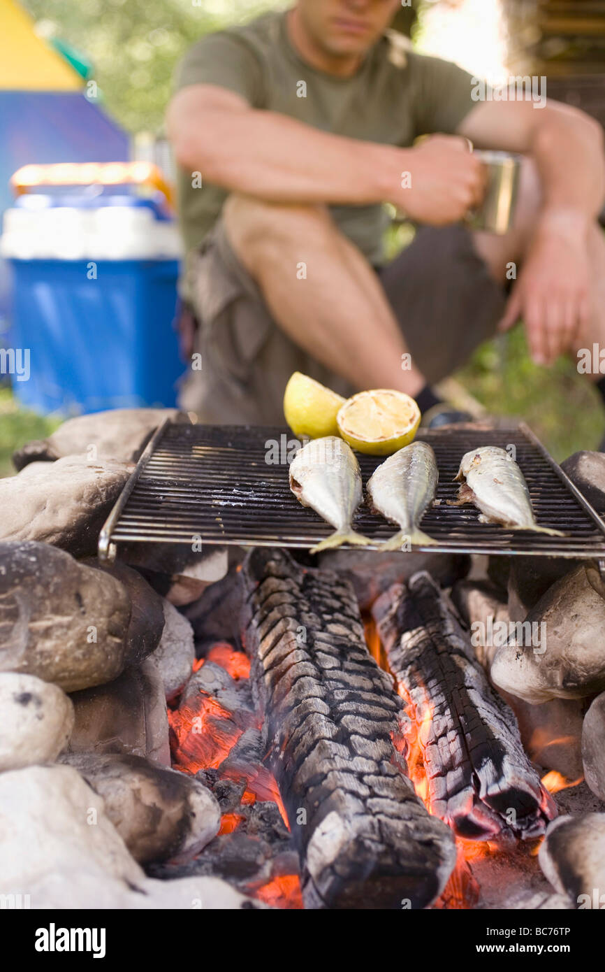 Grilling fish over camp fire hi-res stock photography and images - Alamy