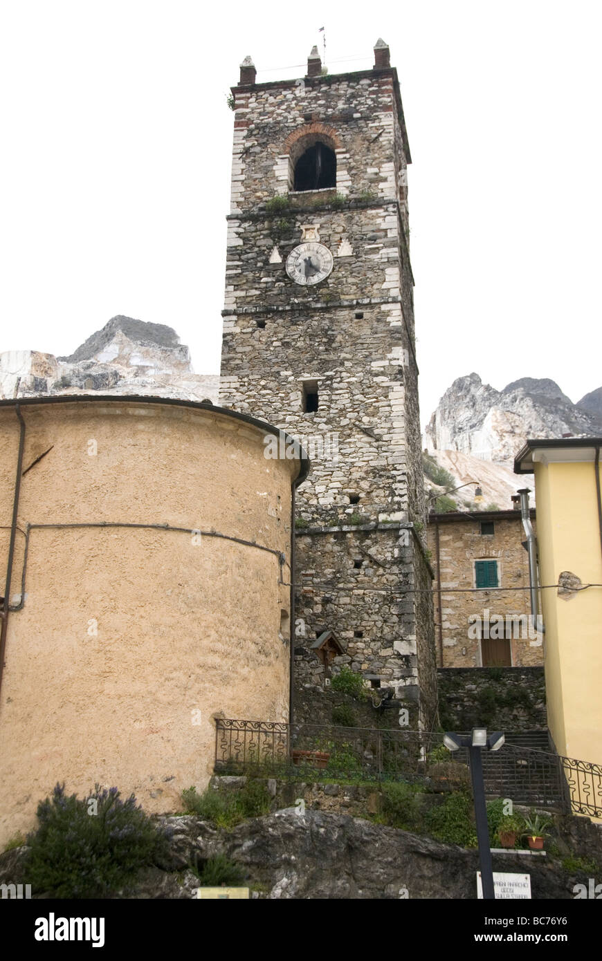 Ancient belltower or the town of Colonnata famous for its gourmet lard ...