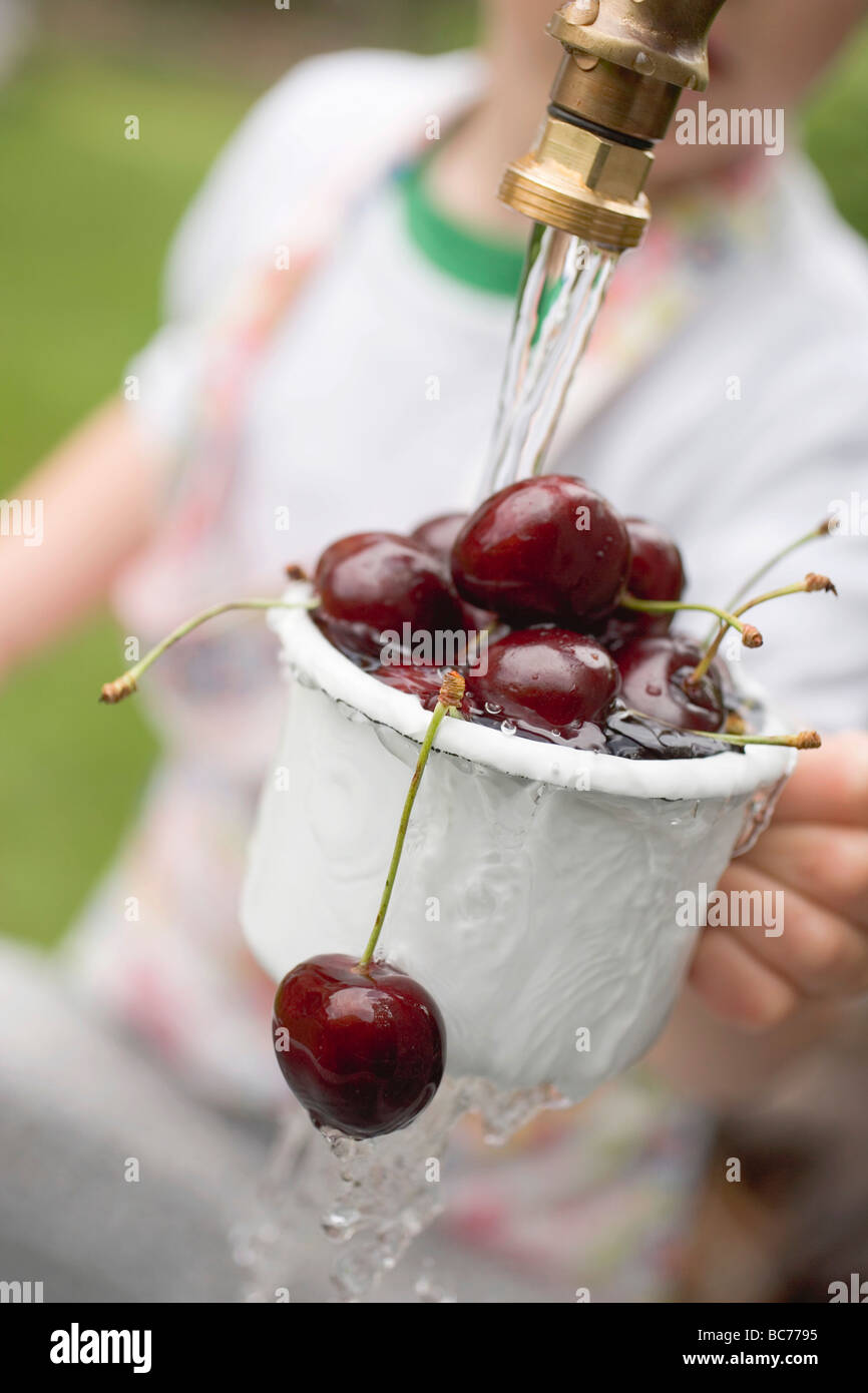 Child washing cherries under tap Stock Photo - Alamy