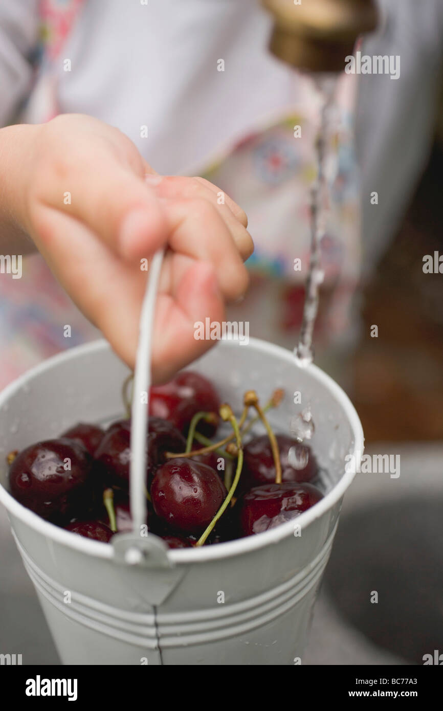 Washing cherries in a bucket under tap Stock Photo - Alamy